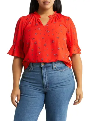 CECE DUPRAZ CeCe Ruffle V-neck Blouse Poppy Red