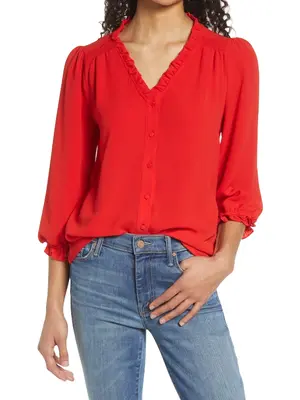 CECE DUPRAZ CeCe Ruffle V-neck Blouse Red