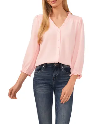 CECE DUPRAZ CeCe Ruffle V-neck Blouse Rose Pearl