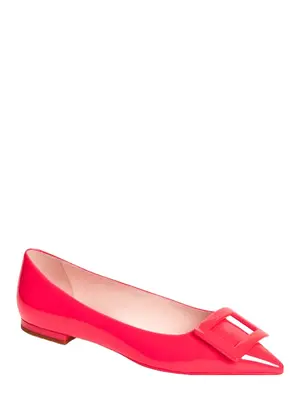 ROGER VIVIER Gommettine Buckle Pointed Toe Flat Neon Pink