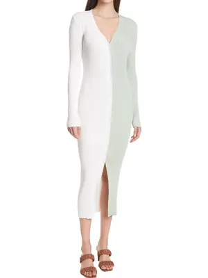 Staud STAUD Shoko Colorblock Ribbed Sweater Dress Ivory/sage