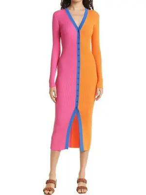 Staud STAUD Shoko Colorblock Ribbed Sweater Dress Magenta/tangerine/royal