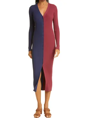 Staud STAUD Shoko Colorblock Ribbed Sweater Dress Navy/ Bordeaux
