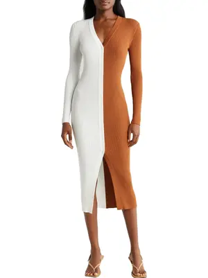 Staud STAUD Shoko Colorblock Ribbed Sweater Dress Tan/white