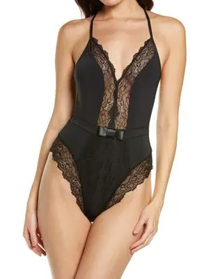 BLACK BOW Henny Satin & Lace Thong Bodysuit - Black