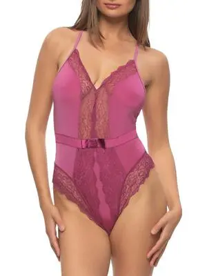 BLACK BOW Henny Satin & Lace Thong Bodysuit - Raspberry Coulis