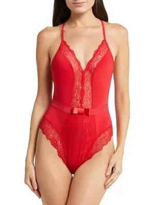 BLACK BOW Black Bow Henny Satin & Lace Thong Bodysuit Tango Red