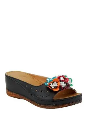 SPRING STEP SHOES Flower Child Wedge Sandal - Black Leather