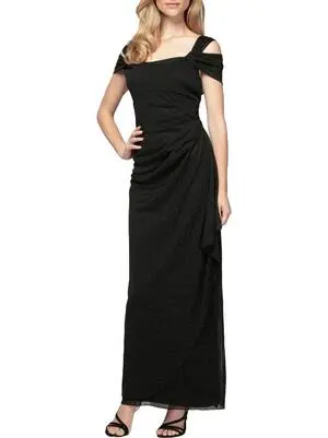 Alex Evenings Cold Shoulder Ruffle Glitter Chiffon Gown - Black