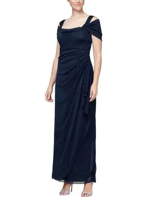 Alex Evenings Alex Evenings Cold Shoulder Ruffle Glitter Chiffon Gown Dark Navy