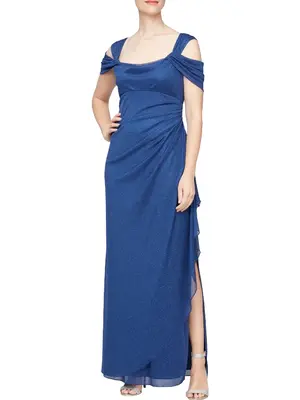 Alex Evenings Alex Evenings Cold Shoulder Ruffle Glitter Chiffon Gown Electric/blue