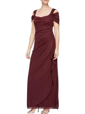 Alex Evenings Cold Shoulder Ruffle Glitter Chiffon Gown - Fig