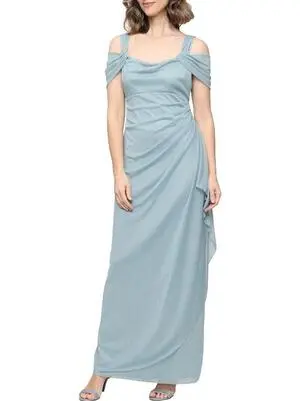 Alex Evenings Cold Shoulder Ruffle Glitter Chiffon Gown - Ice Sage