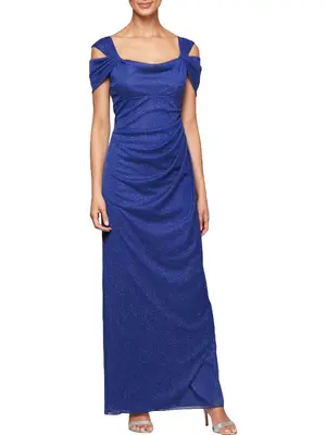 Alex Evenings Alex Evenings Cold Shoulder Ruffle Glitter Chiffon Gown Royal