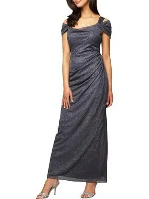 Alex Evenings Cold Shoulder Ruffle Glitter Chiffon Gown - Smoke