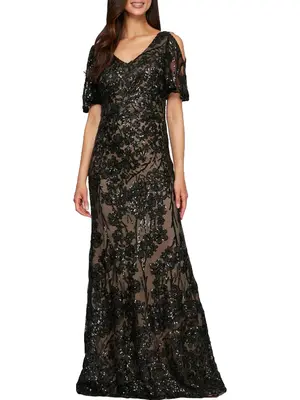 Alex Evenings Alex Evenings Sequin Lace Cold Shoulder Trumpet Gown Black/nude