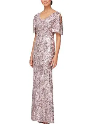 Alex Evenings Alex Evenings Sequin Lace Cold Shoulder Trumpet Gown Blush