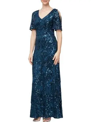 Alex Evenings Alex Evenings Sequin Lace Cold Shoulder Trumpet Gown Deep Ocean