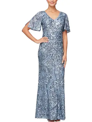 Alex Evenings Alex Evenings Sequin Lace Cold Shoulder Trumpet Gown Hydrangea