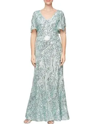 Alex Evenings Alex Evenings Sequin Lace Cold Shoulder Trumpet Gown Ice Sage