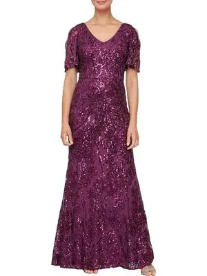 Alex Evenings Alex Evenings Sequin Lace Cold Shoulder Trumpet Gown Plum