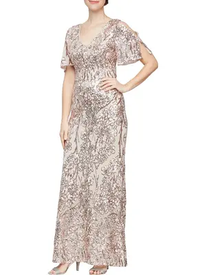 Alex Evenings Alex Evenings Sequin Lace Cold Shoulder Trumpet Gown Sand
