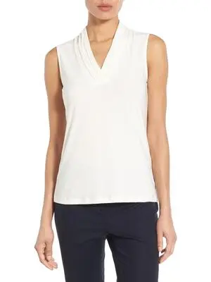 Anne Klein Triple Pleat V-neck Jersey Top - White