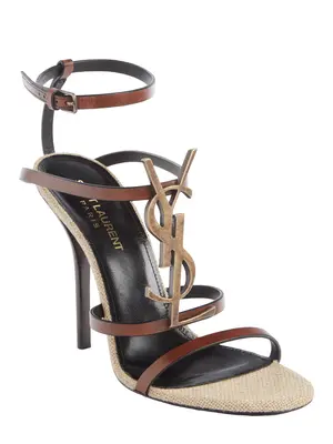Saint Laurent Saint Laurent Cassandra Logo Sandal Dark Chocolate/ Raffia