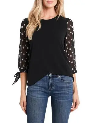 CECE DUPRAZ Knit Top With Floral Embroidered Sleeves - Rich Black