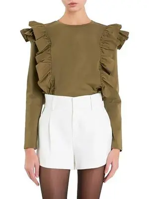 English Factory Poplin Ruffle Trim Shirt - Olive