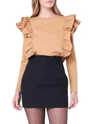 English Factory Poplin Ruffle Trim Shirt - Tan