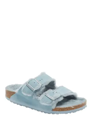 BIRKENSTOCK Arizona Genuine Shearling Slide Sandal Light Blue/ Light Blue