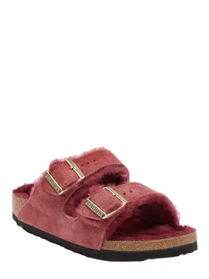 BIRKENSTOCK Arizona Genuine Shearling Slide Sandal Maroon Red