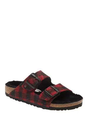 BIRKENSTOCK Arizona Genuine Shearling Slide Sandal Plaid Red Wool