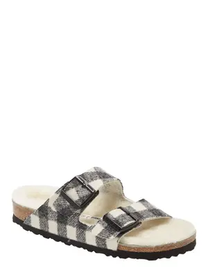 BIRKENSTOCK Arizona Genuine Shearling Slide Sandal Plaid White Wool