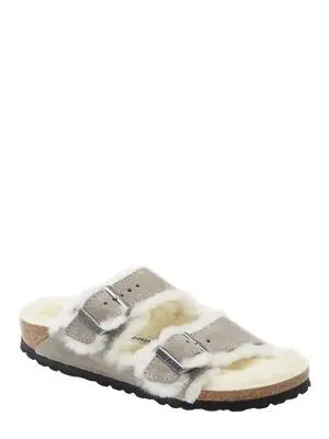 BIRKENSTOCK Arizona Genuine Shearling Slide Sandal - Stone Coin Suede
