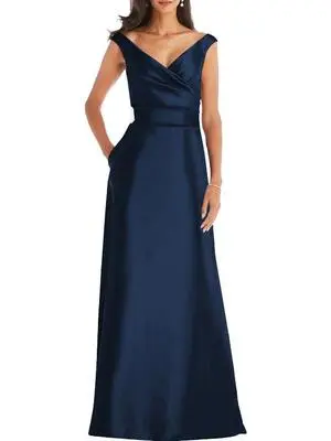 Alfred Sung Off-the-shoulder Satin Gown - Midnight