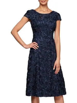 Alex Evenings Sequin Rosette Lace Cocktail Dress - Navy