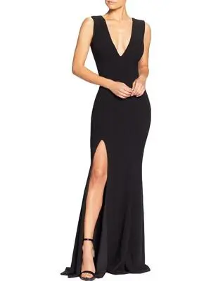 Dress The Population Sandra Plunge Crepe Trumpet Gown - Black