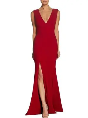 Dress The Population Sandra Plunge Crepe Trumpet Gown - Garnet
