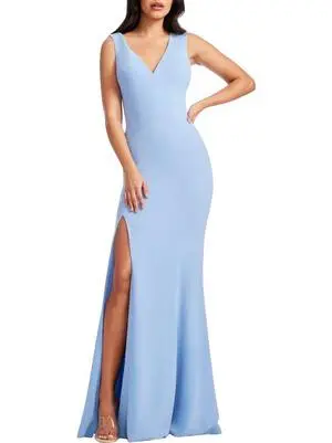 Dress The Population Sandra Plunge Crepe Trumpet Gown - Sky