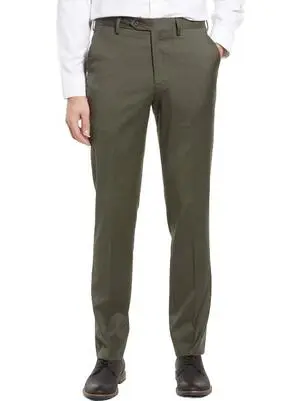 Berle Flat Front Modern Fit Gabardine Stretch Wool Trousers - Olive