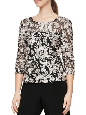 Alex Evenings Alex Evenings Soutache Tulle Blouse Black Taupe