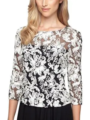 Alex Evenings Soutache Tulle Blouse - Black/white