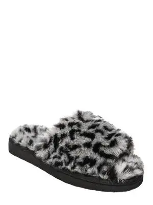 Minnetonka Minnetonka Faux Fur Slide Slipper Grey Leopard Print