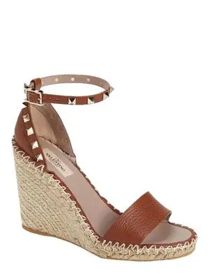 Valentino Garavani Rockstud Espadrille Wedge Cognac Leather