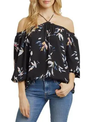 1.State Off-the-shoulder Chiffon Blouse - Painterly Leaves
