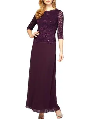 Alex Evenings Sequin Lace & Chiffon Gown - Deep Plum