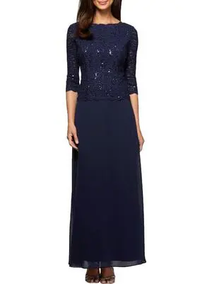 Alex Evenings Sequin Lace & Chiffon Gown - Navy