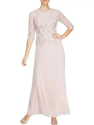Alex Evenings Sequin Lace & Chiffon Gown - Shell Pink